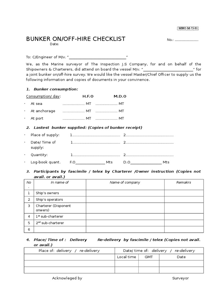 Bunker Checklist | Download Free PDF | Water Transport | Shipping