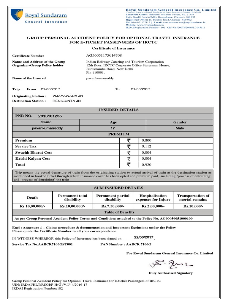 Policy Certificate 100000861258869 | Insurance | Service Industries