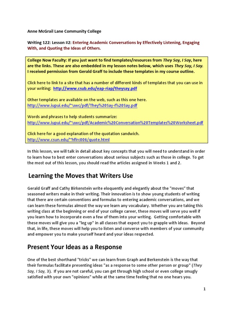 Outline of Graff and Berkensteins They Say I Say With Links To ...