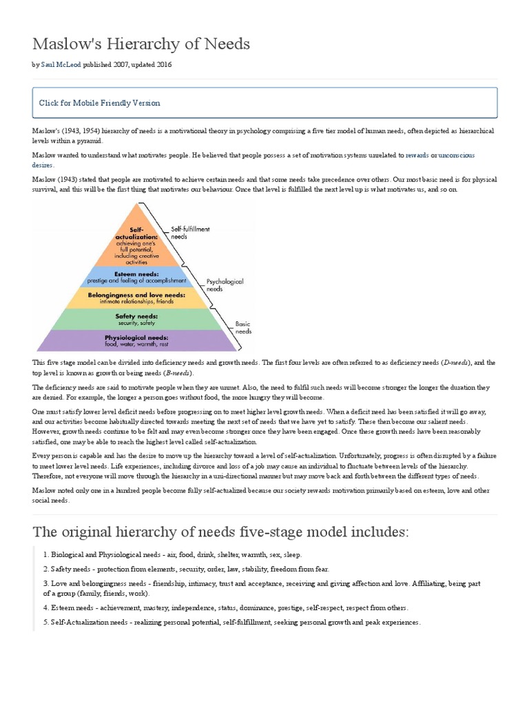 Maslow's Hierarchy of Needs - Simply Psychology | PDF | Self ...
