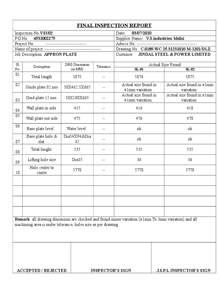 Final Inspection Report: Table Frame | PDF | Engineering Tolerance ...