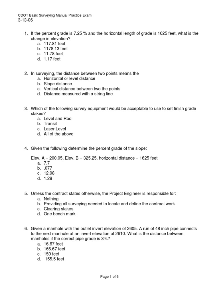 Surveying Practice Exam Insights | PDF | Surveying | Foot (Unit)