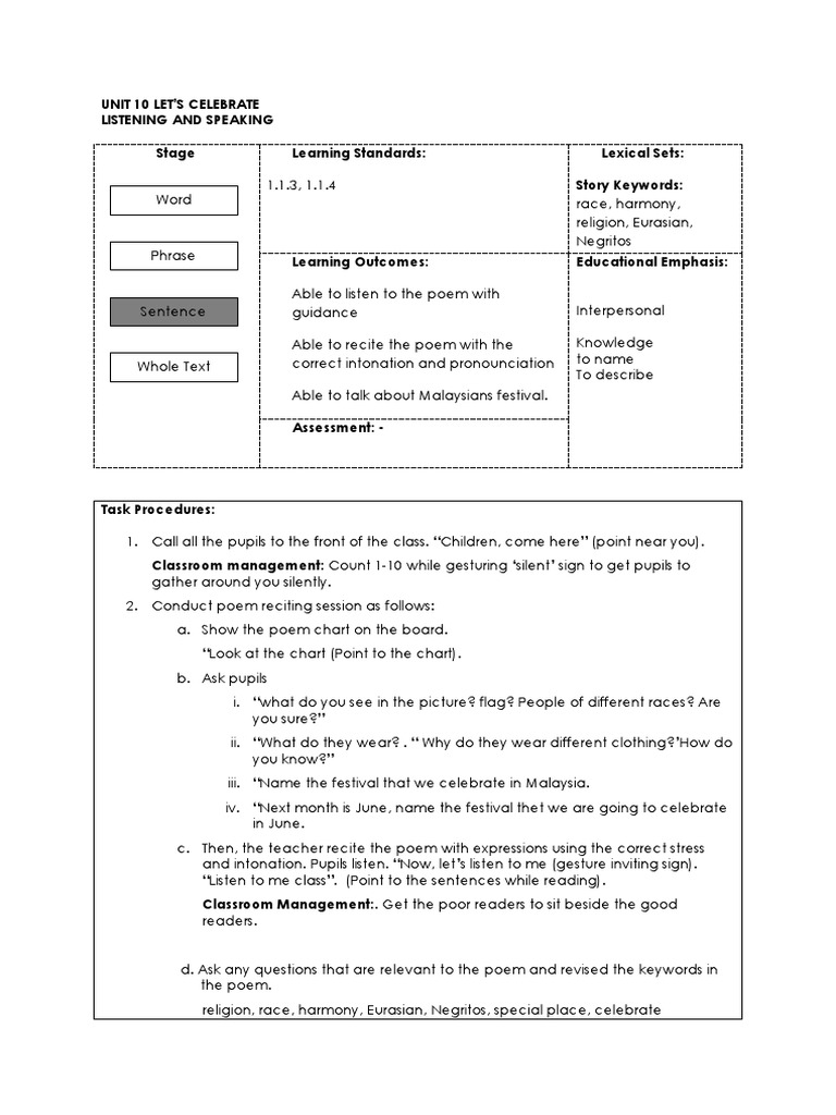 Unit 10.1 Listening Speaking Lesson Plan | PDF | Classroom Management ...