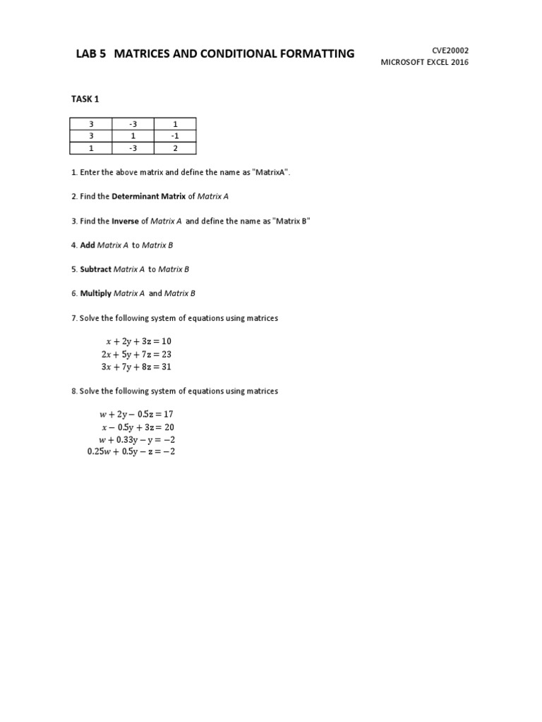 Lab 5 Matrices and Conditional Formatting: Task 1 | PDF | Matrix (Mathematics) | Theoretical Physics