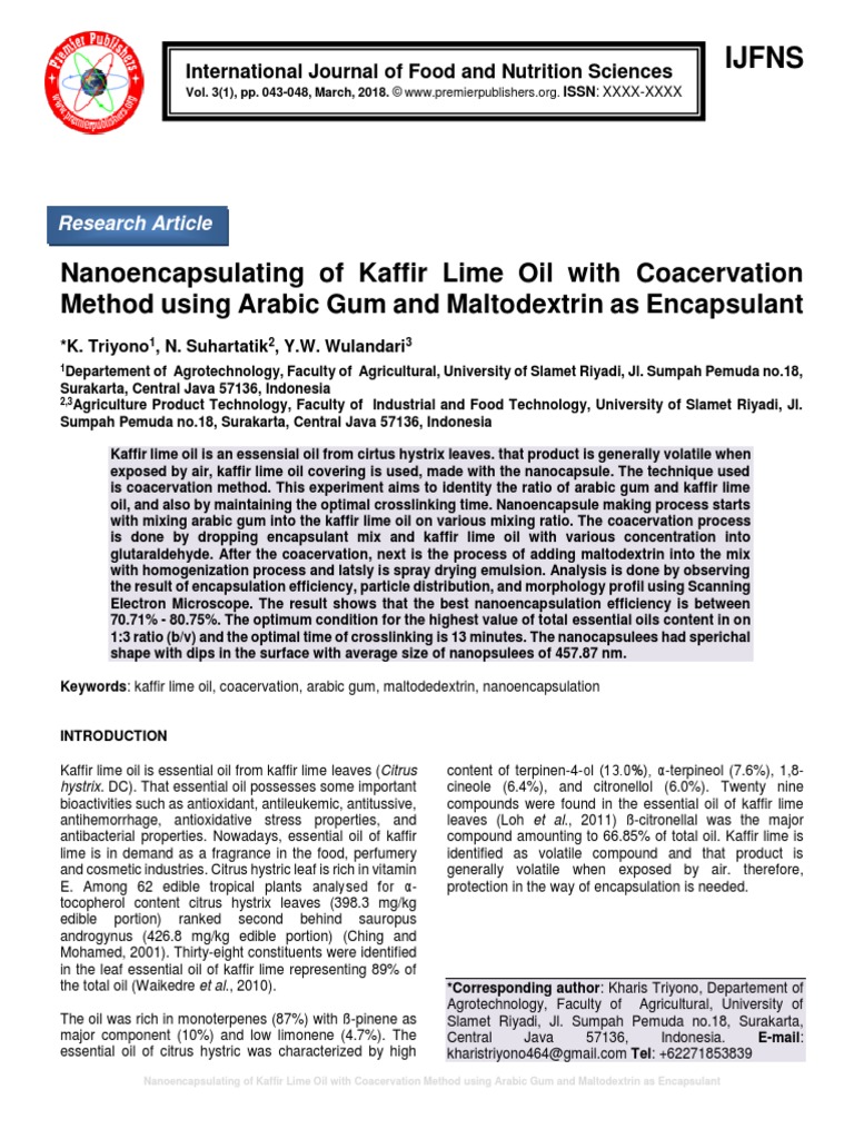 Nanoencapsulating of Kaffir Lime Oil With Coacervation Method Using ...