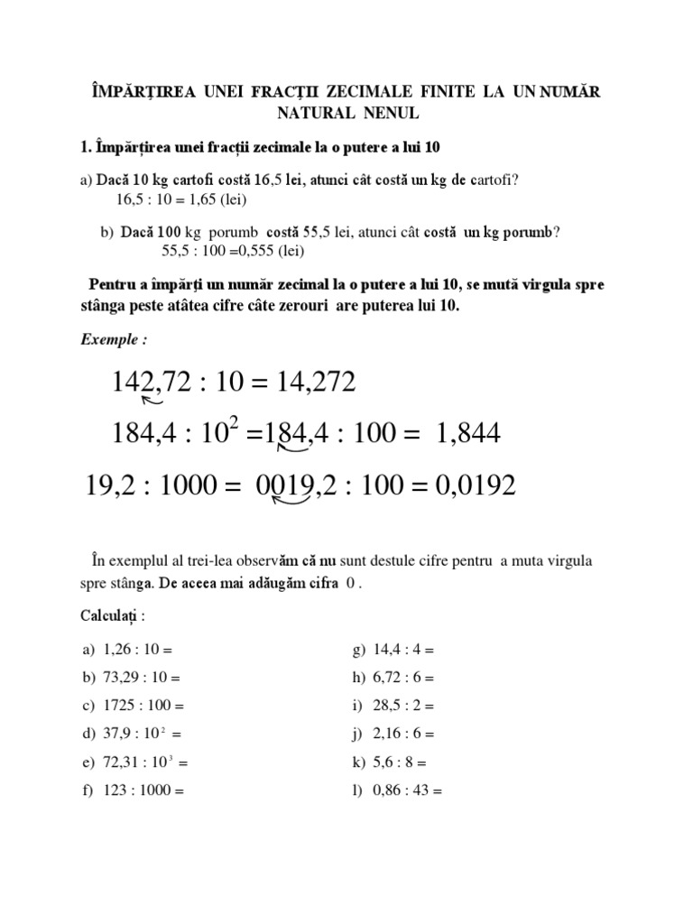 Impartirea Fractiilor Zecimale PDF | PDF