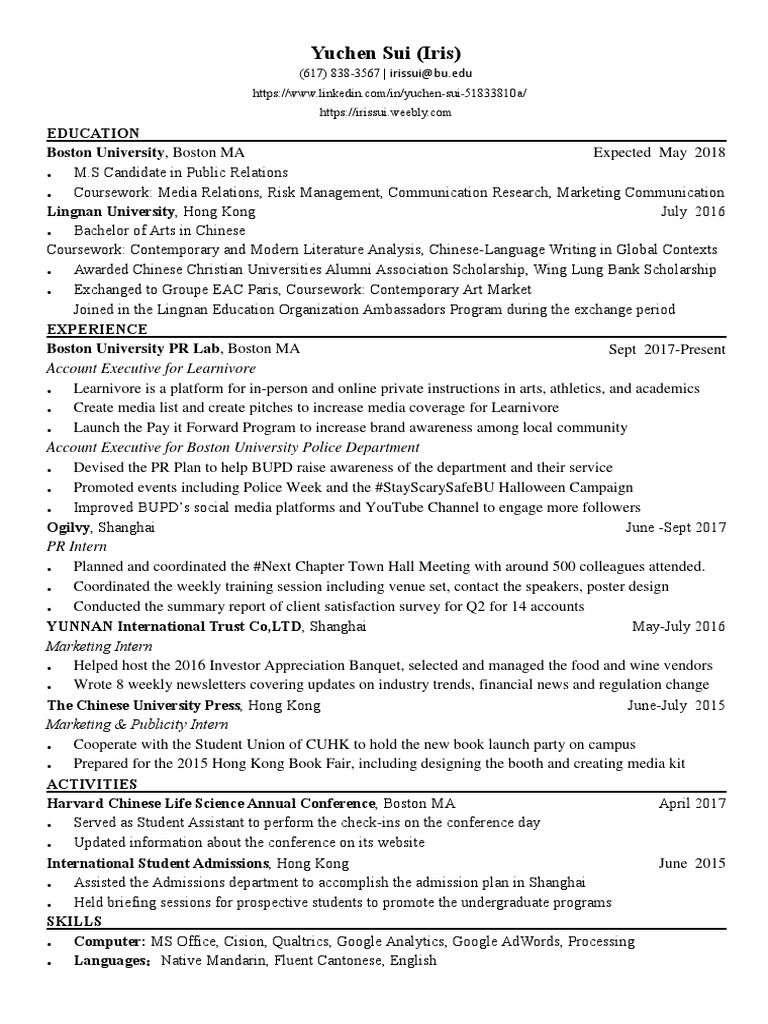 Yuchensui Resume | PDF | Hong Kong | China