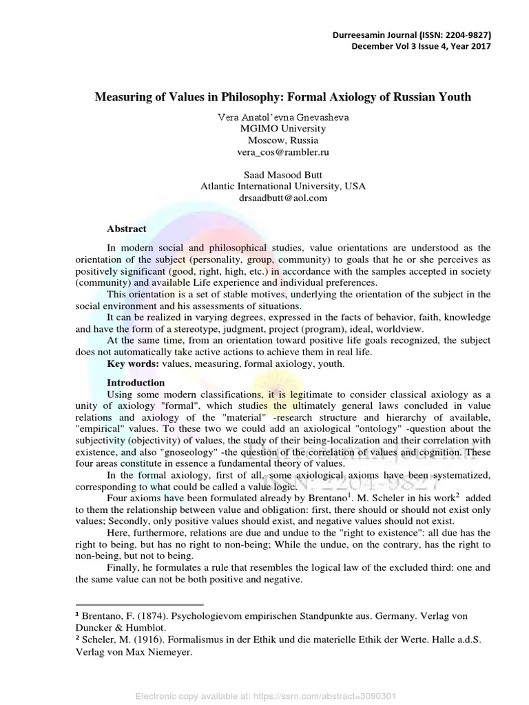 Measuring of Values in Philosophy: Formal Axiology of Russian Youth ...