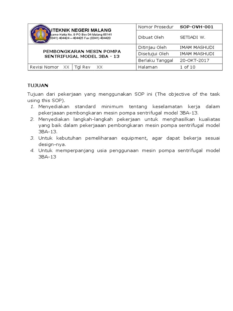 Sop Pengerjaan Pompa | PDF