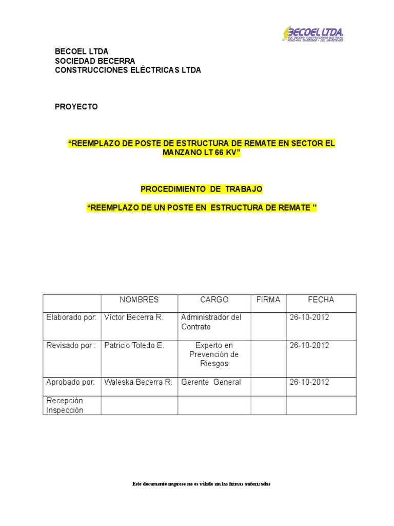 Reemplazo de Un Poste en Estructura de Remate Rev01 | PDF | Seguro | Riesgo