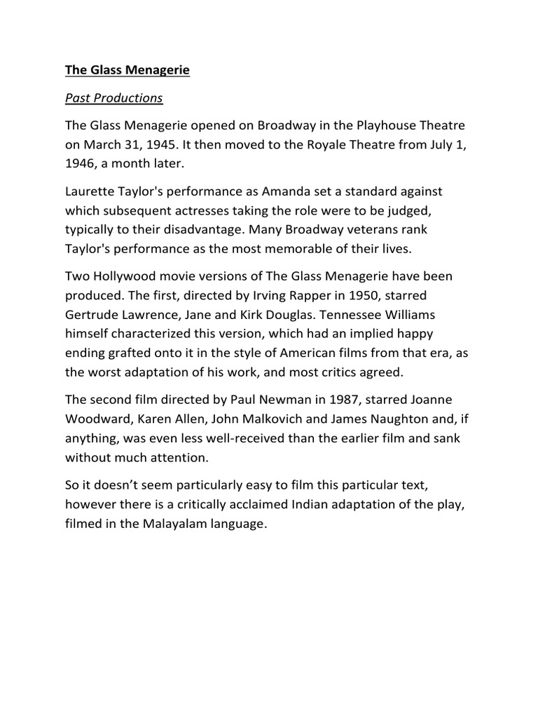 The Glass Menagerie Past Productions | PDF