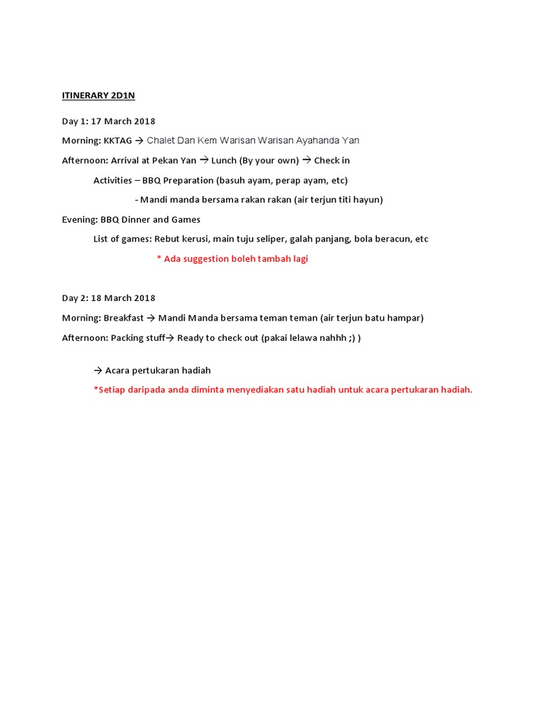 2D1N Adventure Itinerary: BBQ & Games | PDF