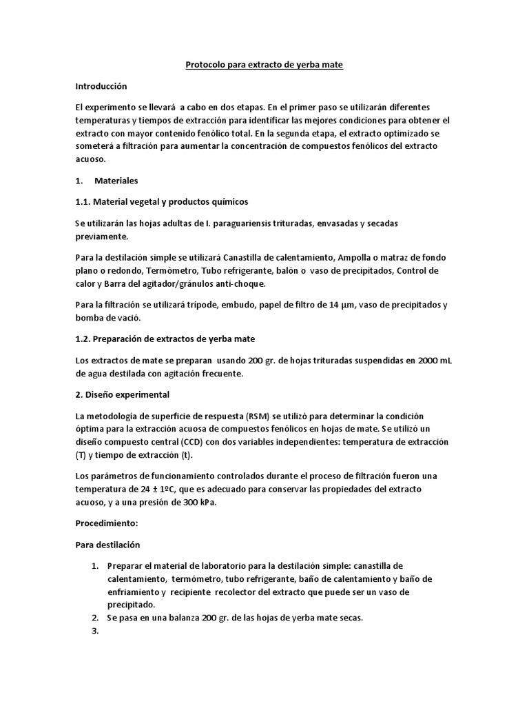Protocolo para Extracto de Yerba Mate | PDF | Filtración | Destilación