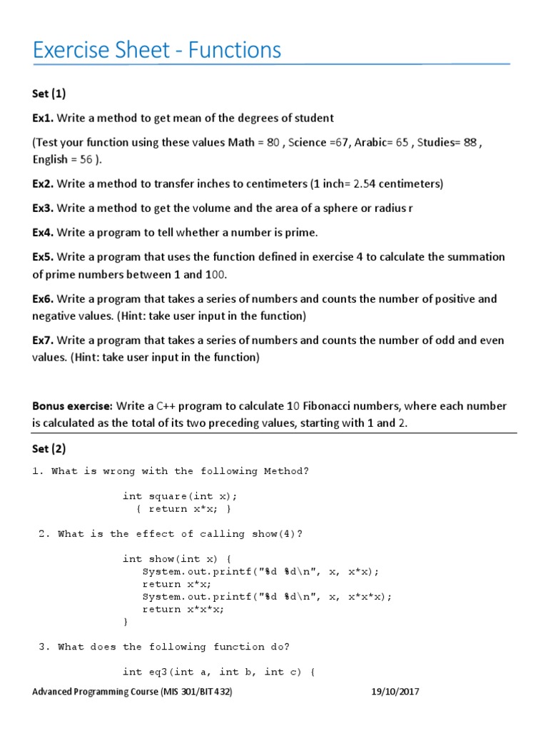 Exercise Sheet 1 Functions Pdf Integer Computer Science Parameter Computer Programming