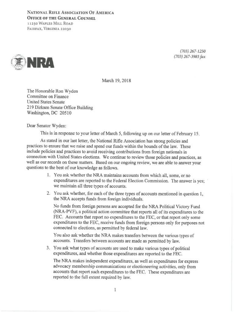 19 March NRA Letter To Senator Wyden 3-19-18 | PDF