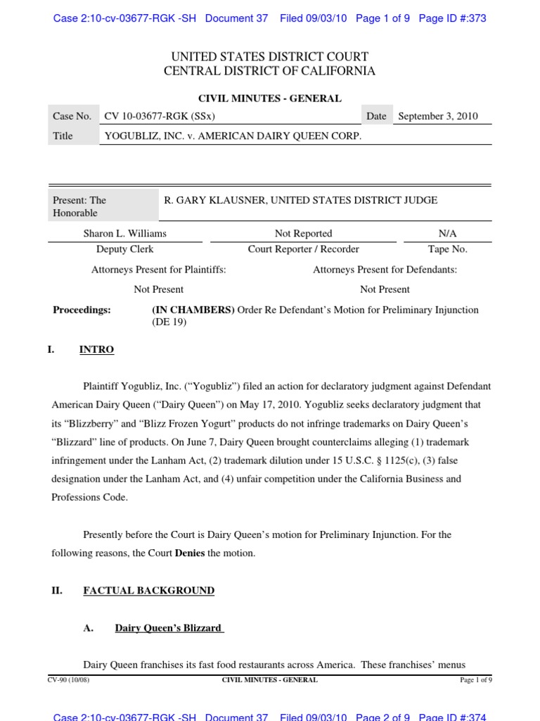 Order Denying Dairy Queen's Motion For Preliminary Injunction Againt Blizz Frozen Yogurt ...