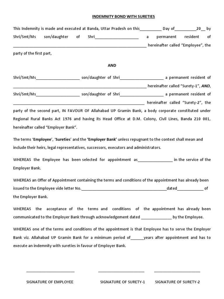 Indemnity Bond Format | PDF | Indemnity | Breach Of Contract