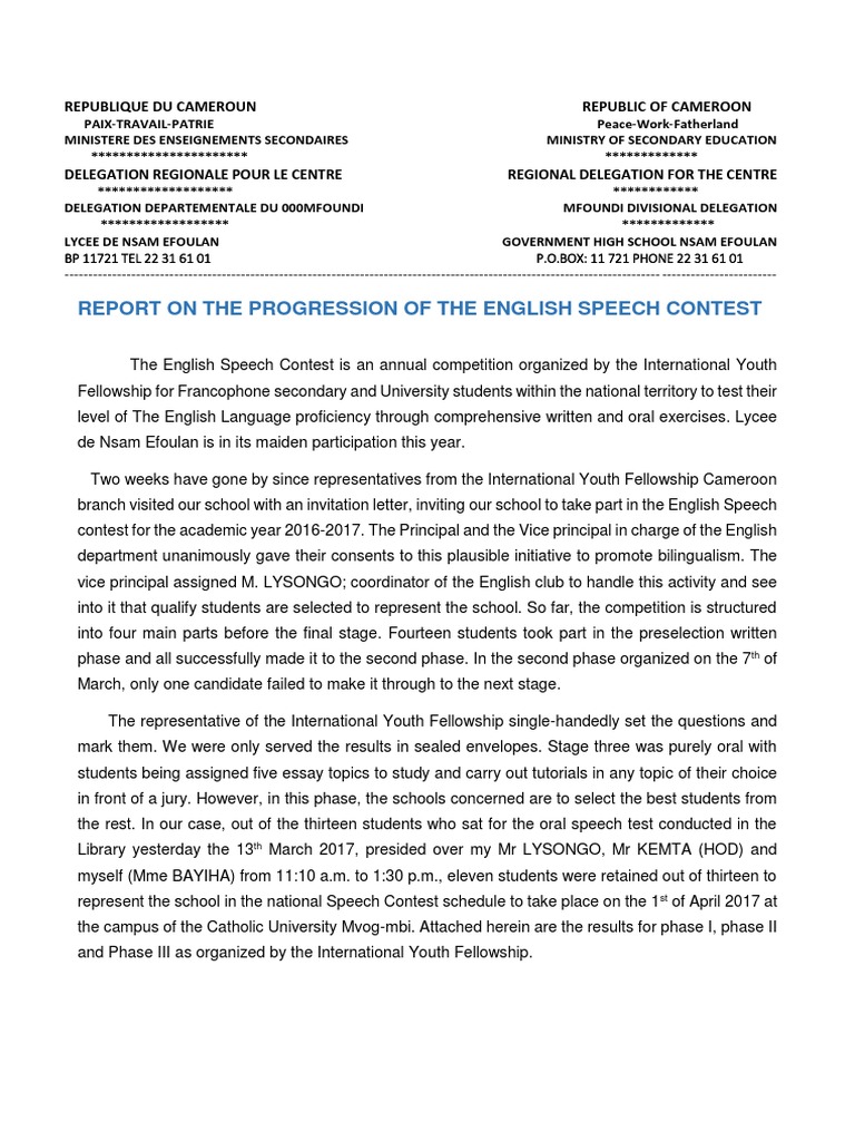 Report On The Progression of The English Speech Contest | PDF ...