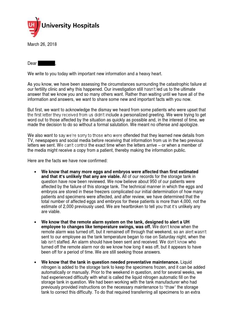 UH Patient Letter On Fertility Center Failure | PDF | Patient | Wellness