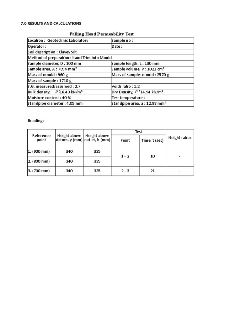 Falling Head Permeability Test: 7.0 Results and Calculations | PDF