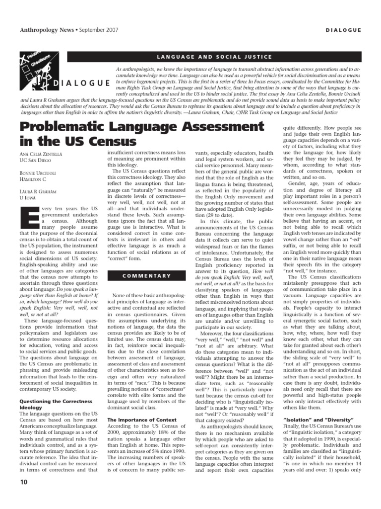 Problematic Language Assessment in The US Census: Ialogue | PDF ...