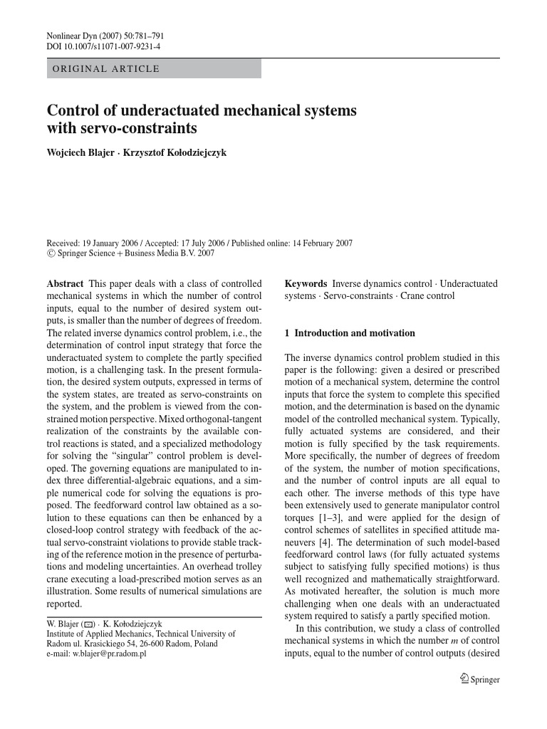 2007-Control of Underactuated Mechanical Systems | PDF | Control Theory ...
