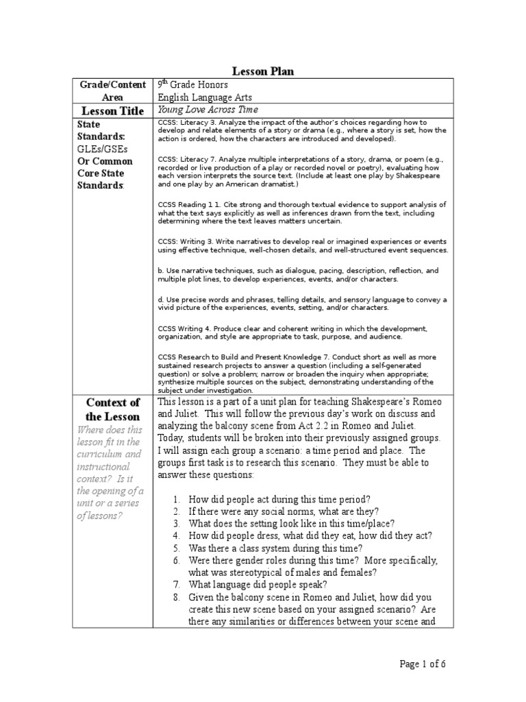 Lesson Plan Romeo and Juliet Balcony Scene | PDF | Differentiated ...
