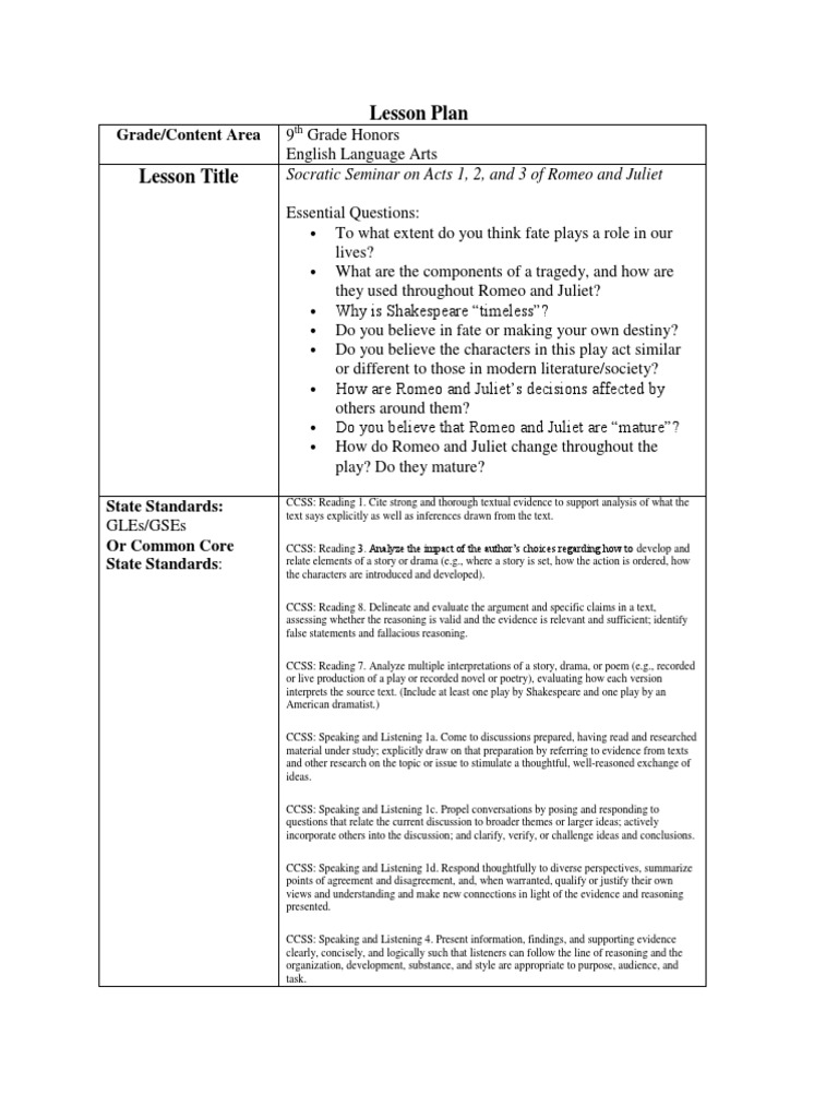 Lesson Plan Romeo and Juliet Socratic Seminar | Download Free PDF ...