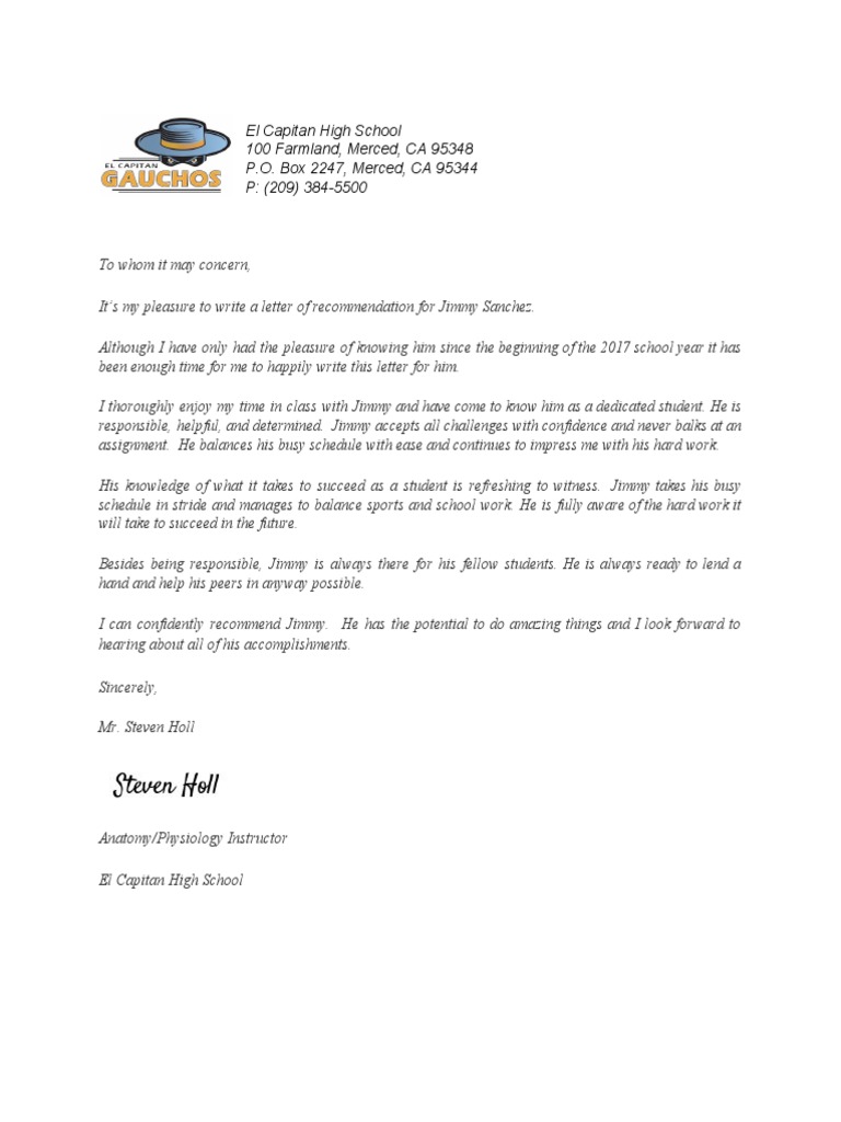 Recommendation Letter for Jimmy Sanchez | PDF