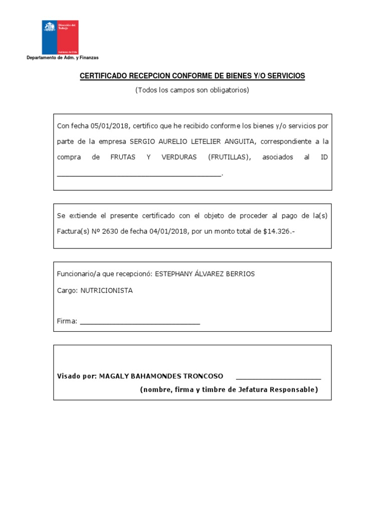 Certificado Recepcion Conforme De Bienes Y/O Servicios