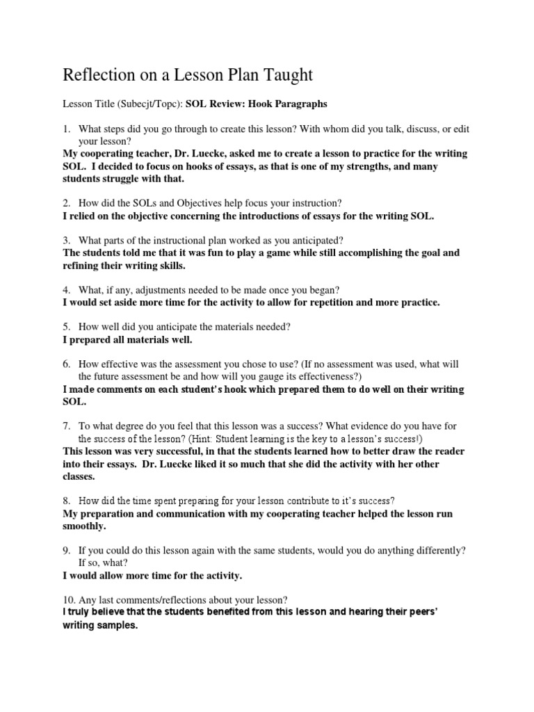 Lesson Reflection on Hook Paragraphs | PDF | Lesson Plan | Education Theory