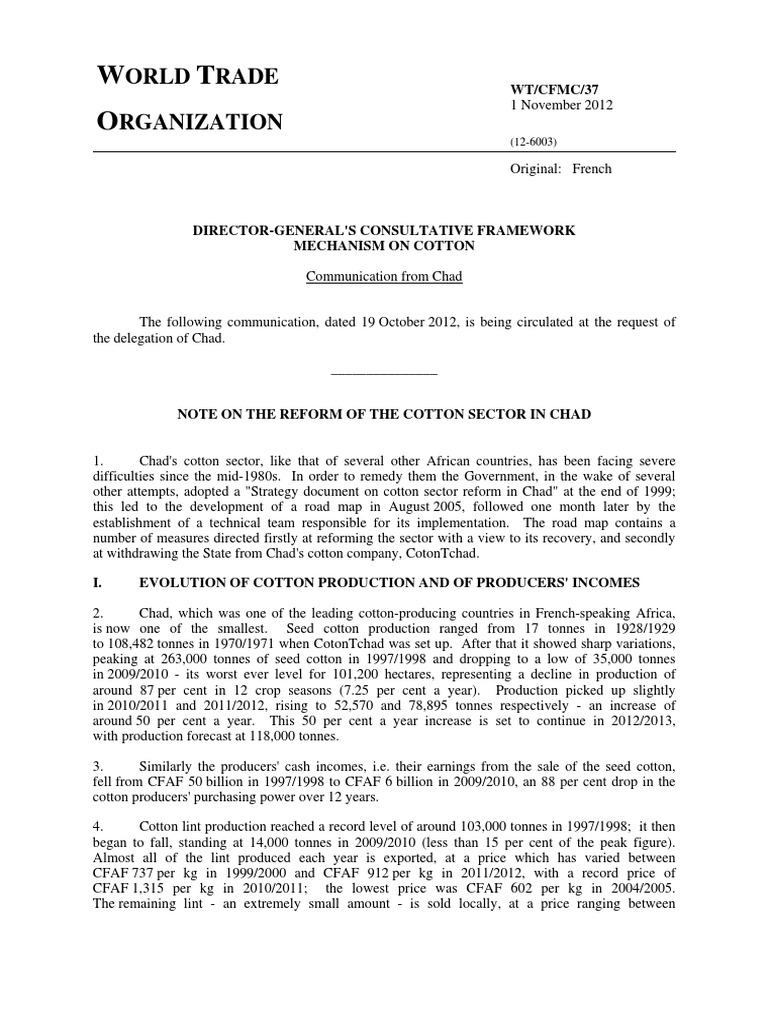 Orld Rade Rganization: WT/CFMC/37 | PDF | Cotton | Chad
