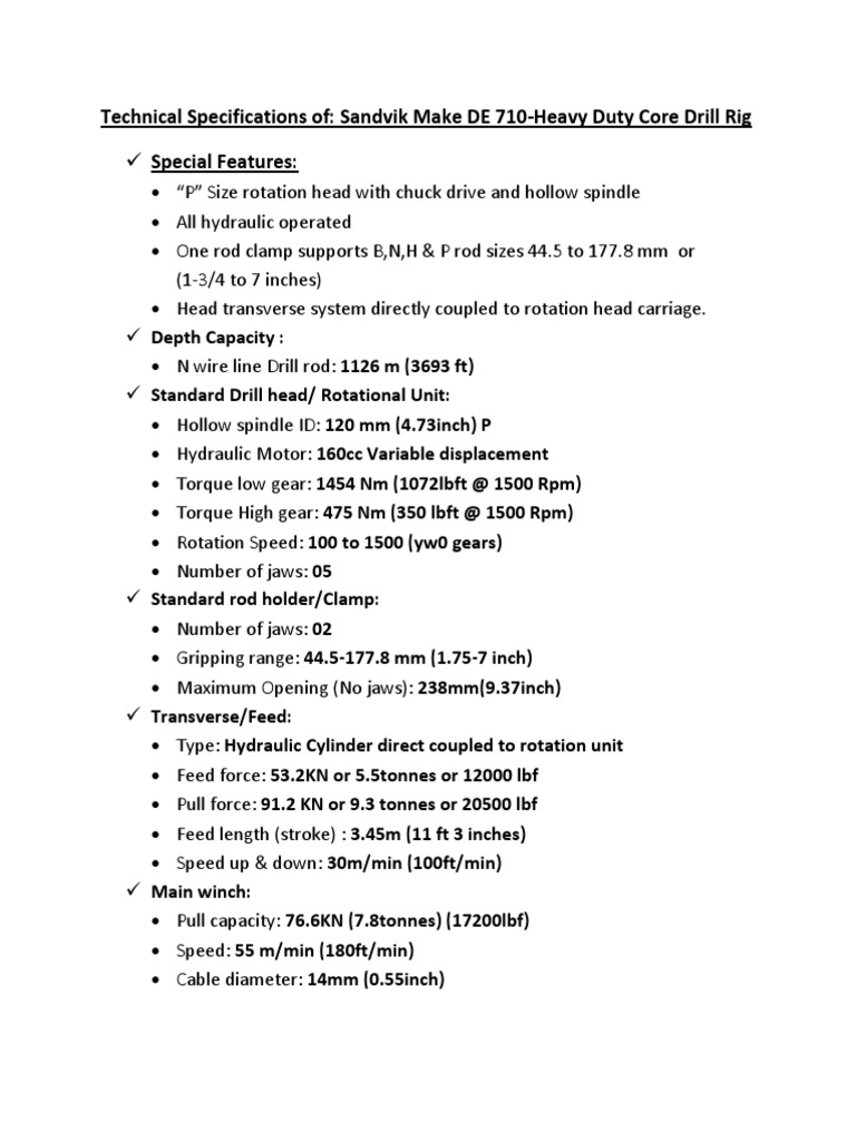 Technical Specifications of Sandvik DE710 Drilling Rig | PDF
