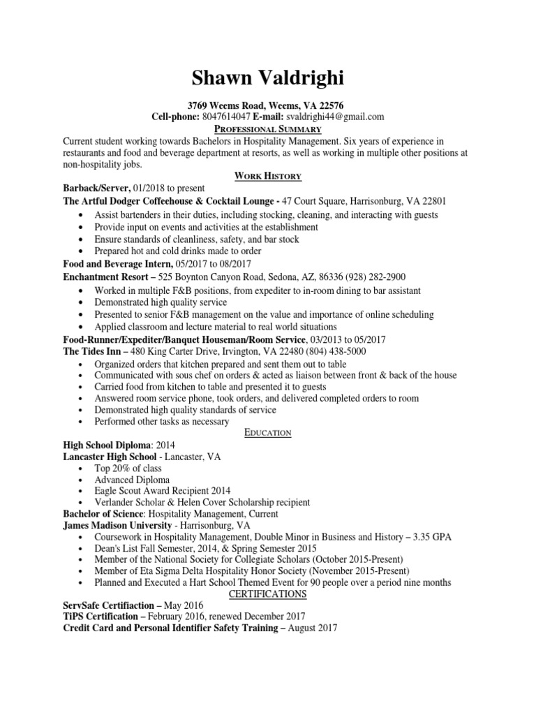 Resume Jan 2017 | PDF | Bar | Restaurant And Catering