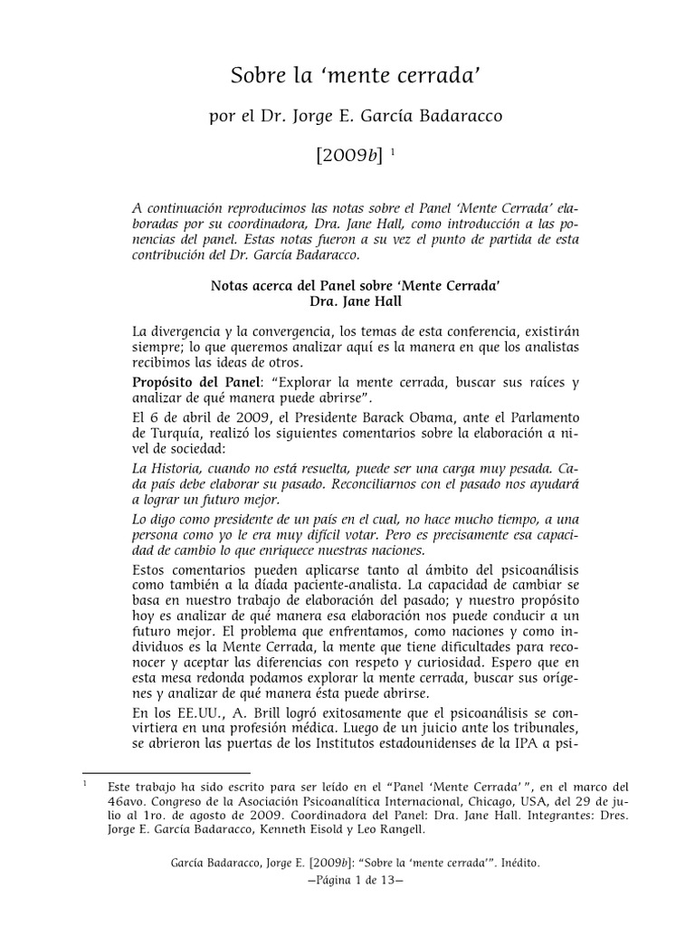 Explorando la Mente Cerrada en Psicoanálisis | PDF | Psicoanálisis ...