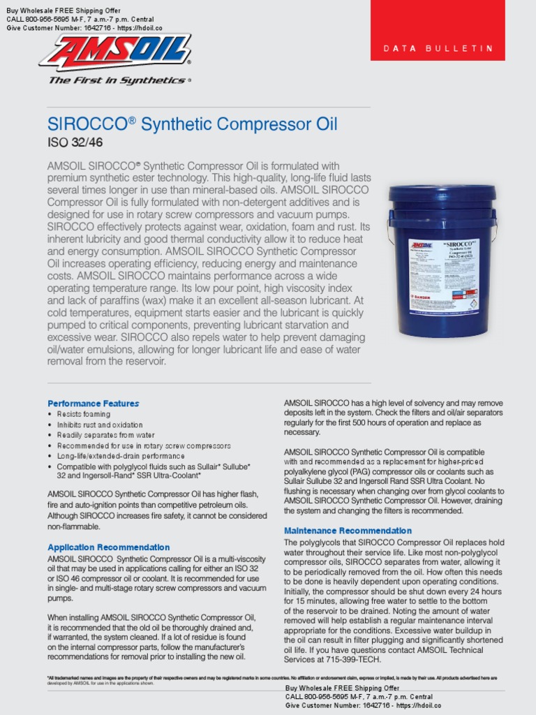 AMSOIL SIROCCO™ Synthetic Compressor Oil ISO 32 - 46 SAE 5W20 (SEI ...