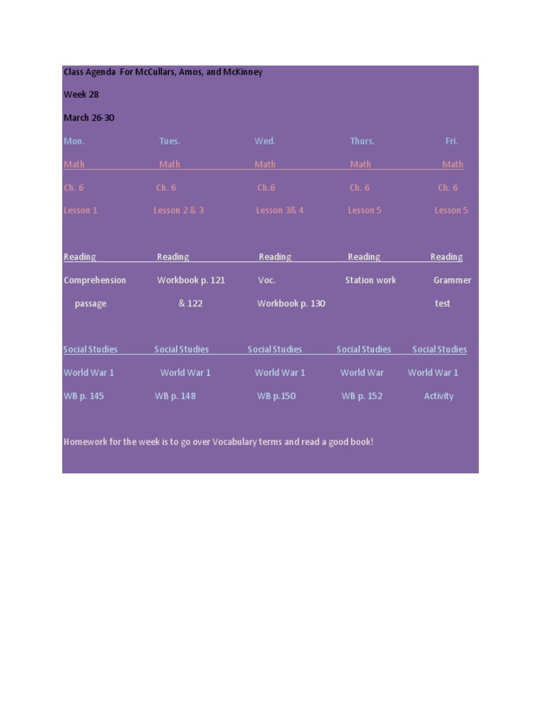 Week 28 Class Agenda: Math & Reading | PDF | Language Arts & Discipline