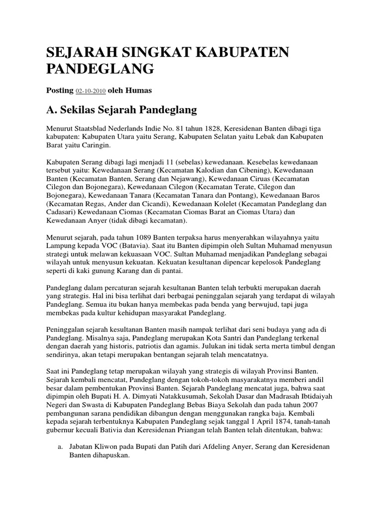 Sejarah Kabupaten Pandeglang Banten | PDF