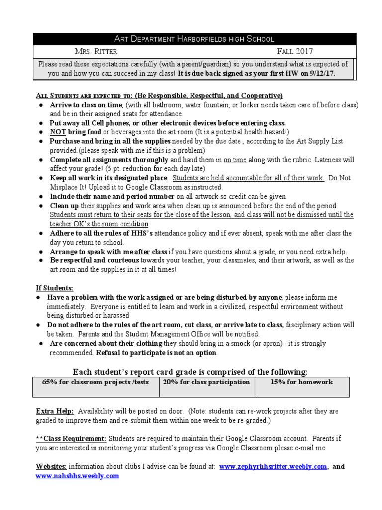 Art Class Expectations and Supplies Guide | PDF | Classroom | Teachers