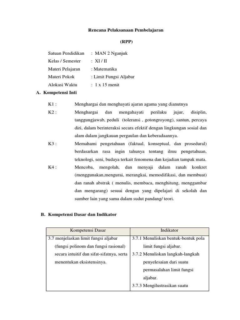 RPP Limit Fungsi Aljabar | PDF