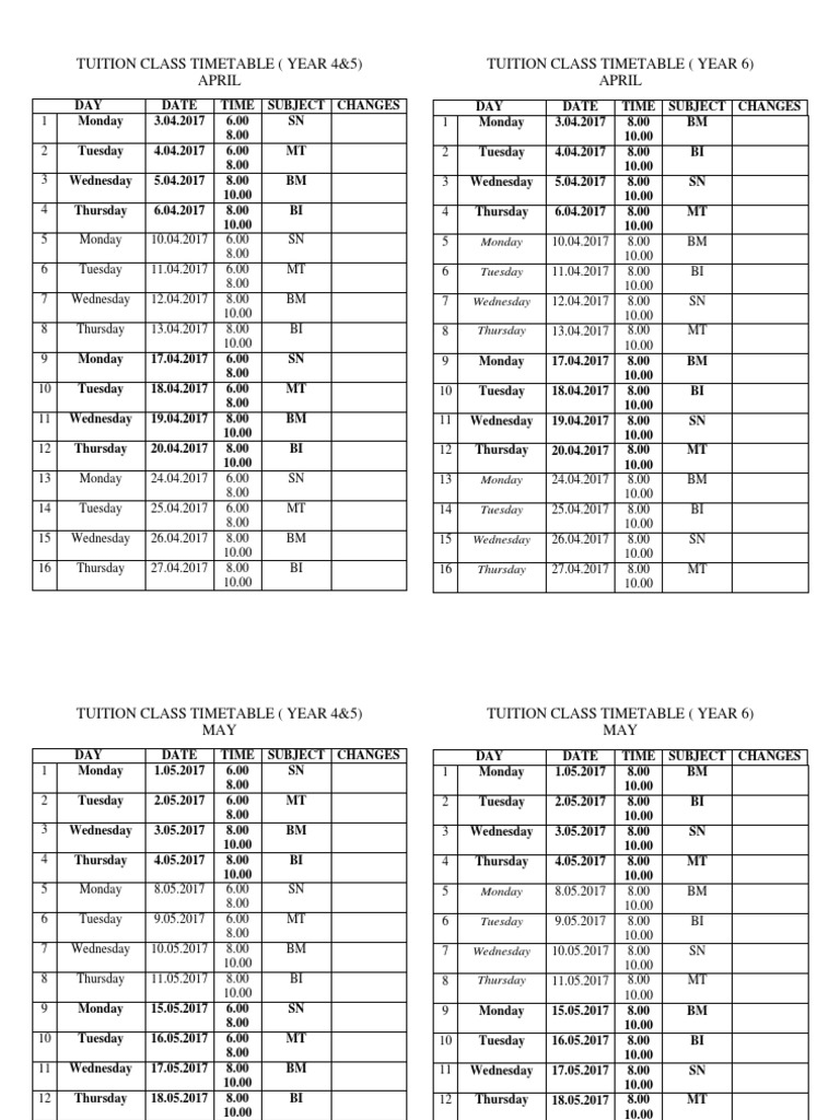 Tuition Class Timetable (Year 4&5) April Tuition Class Timetable (Year ...