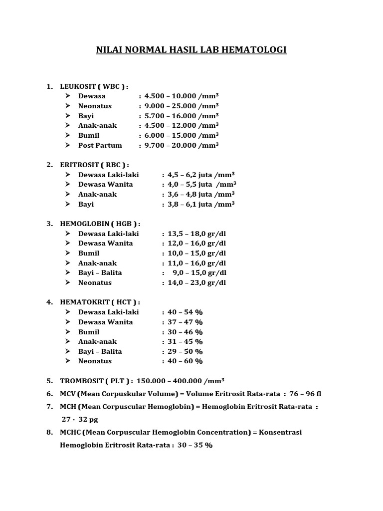 Nilai Normal Hematologi Dewasa dan Anak | PDF | Wellness