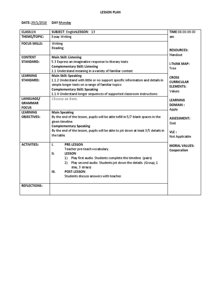 RPH Eng Form 1 | PDF | Lesson Plan | Curriculum