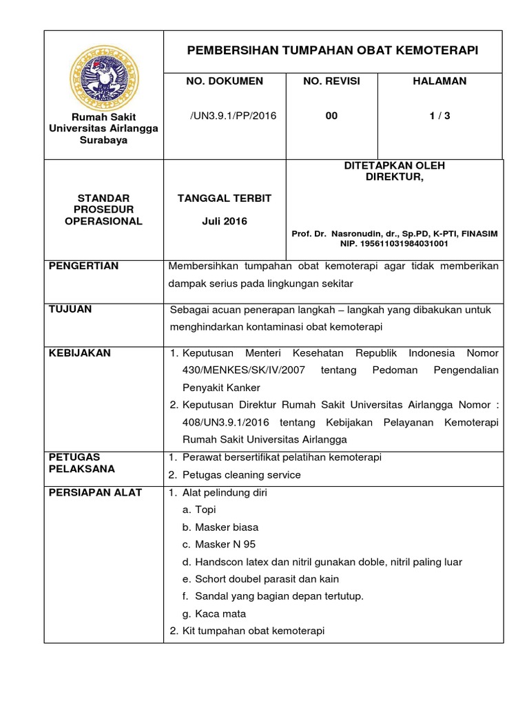 SPO Pembersihan Tumpahan Obat Kemoterapi Rev1 | PDF | Pengembangan Diri