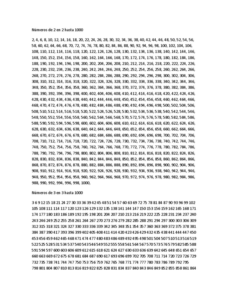 Números de 2 en 2 Hasta 1000