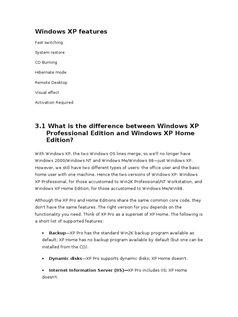 Windows XP Features & Editions Guide | PDF | Windows Xp | Windows 2000