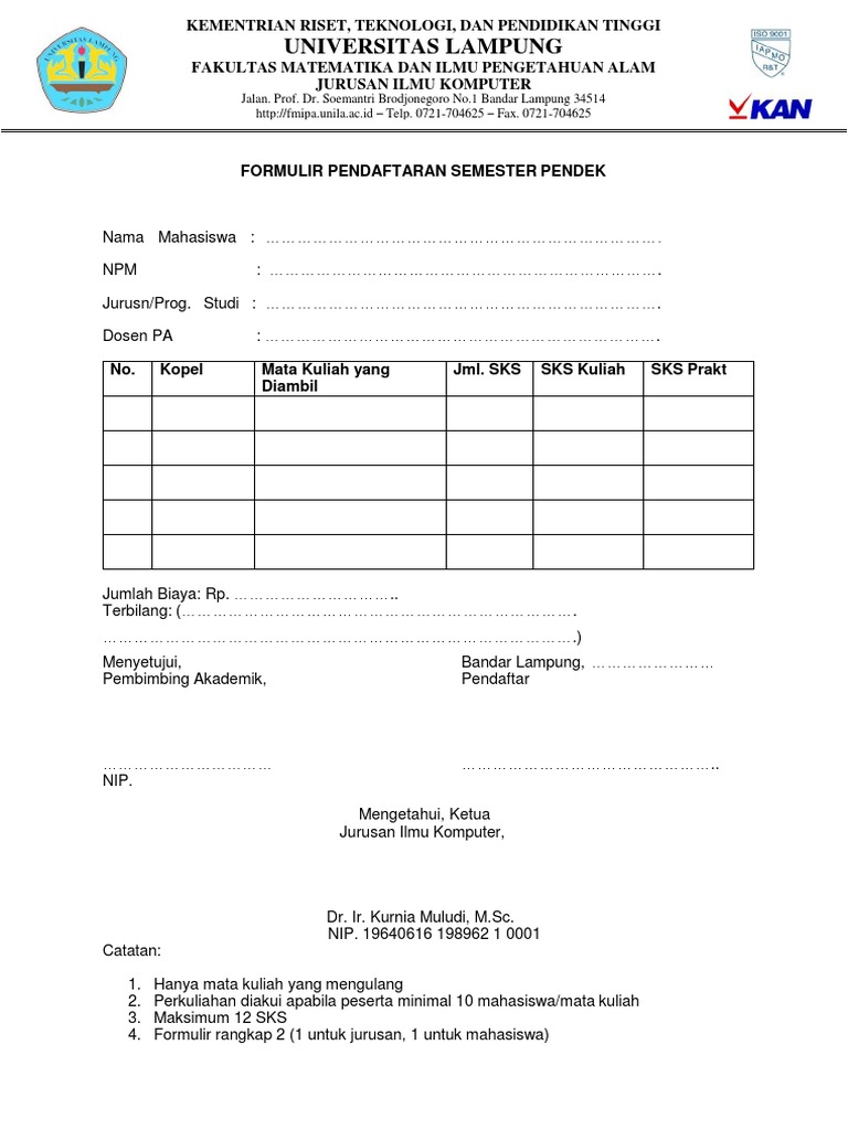 Formulir Pendaftaran Sem Pendek Ilkom - Universitas Lampung | PDF | Seni | Sains & Matematika