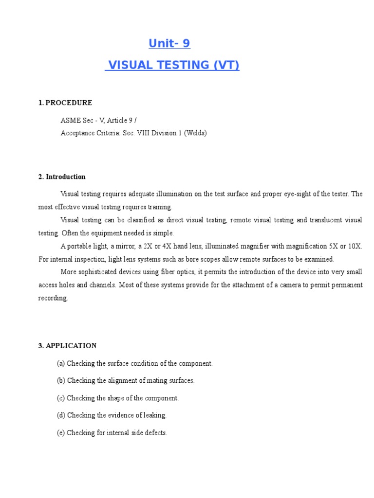 Unit-9 Visual Testing (VT) : 1. Procedure | PDF | Telescopic Sight ...