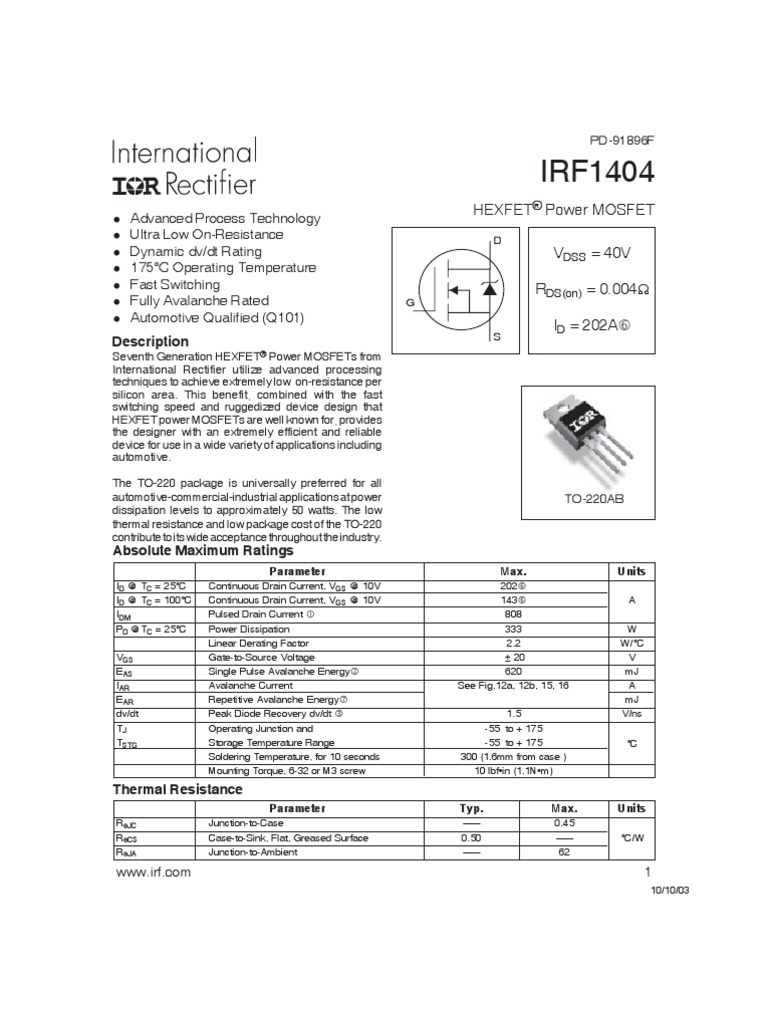 irf1404 | Field Effect Transistor | Mosfet