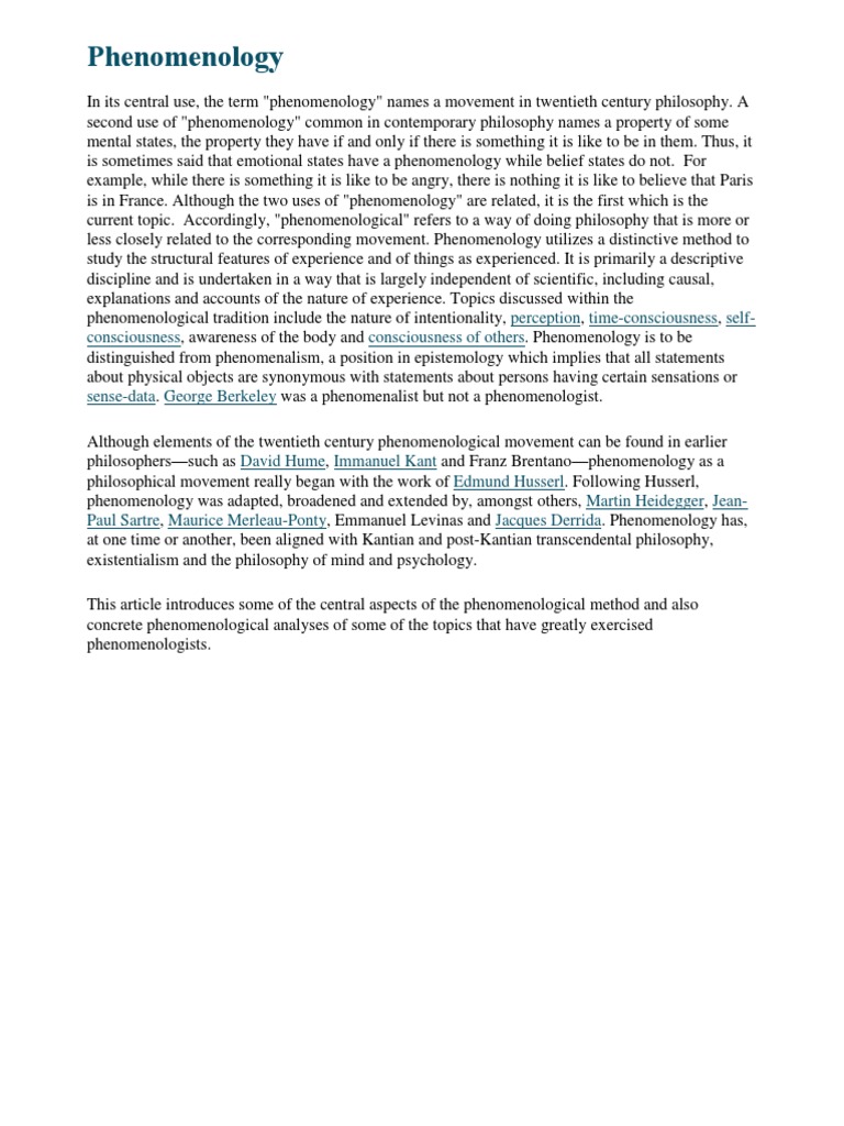 Phenomenology: Perception Time-Consciousness Self-Consciousness ...